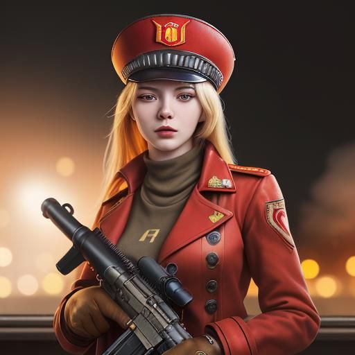 A (realistic sovietic liutenant female:1.1), open red coat, yellow t ...