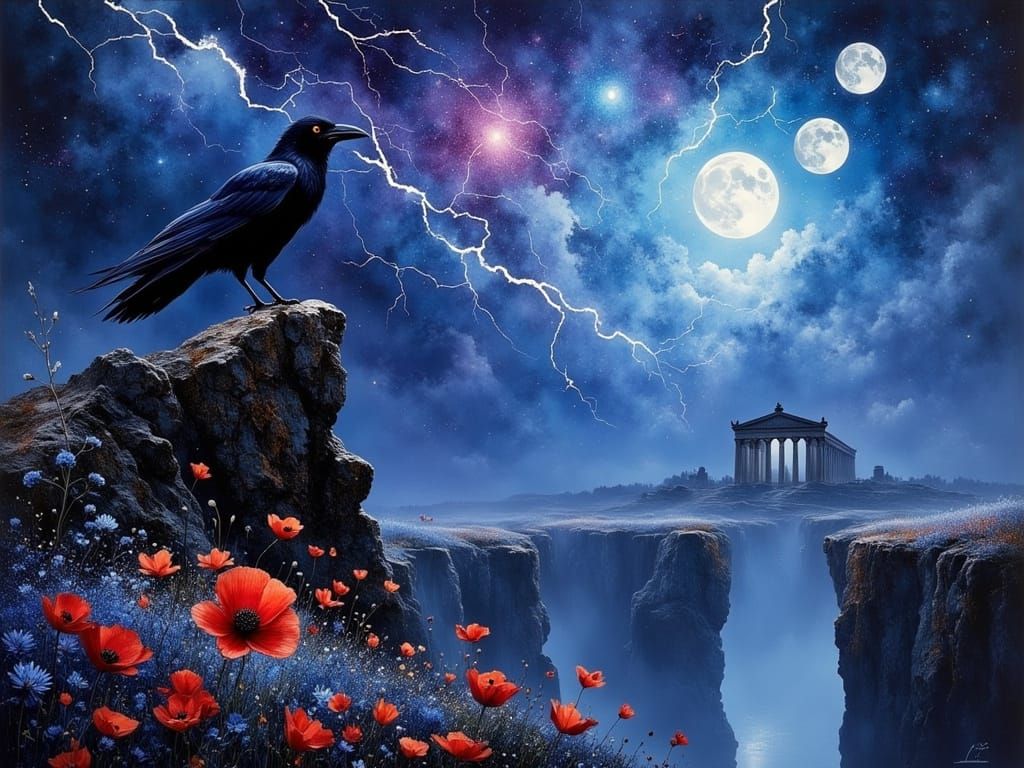 A murder of ravens, their sleek obsidian feathers gleaming with subtle ...