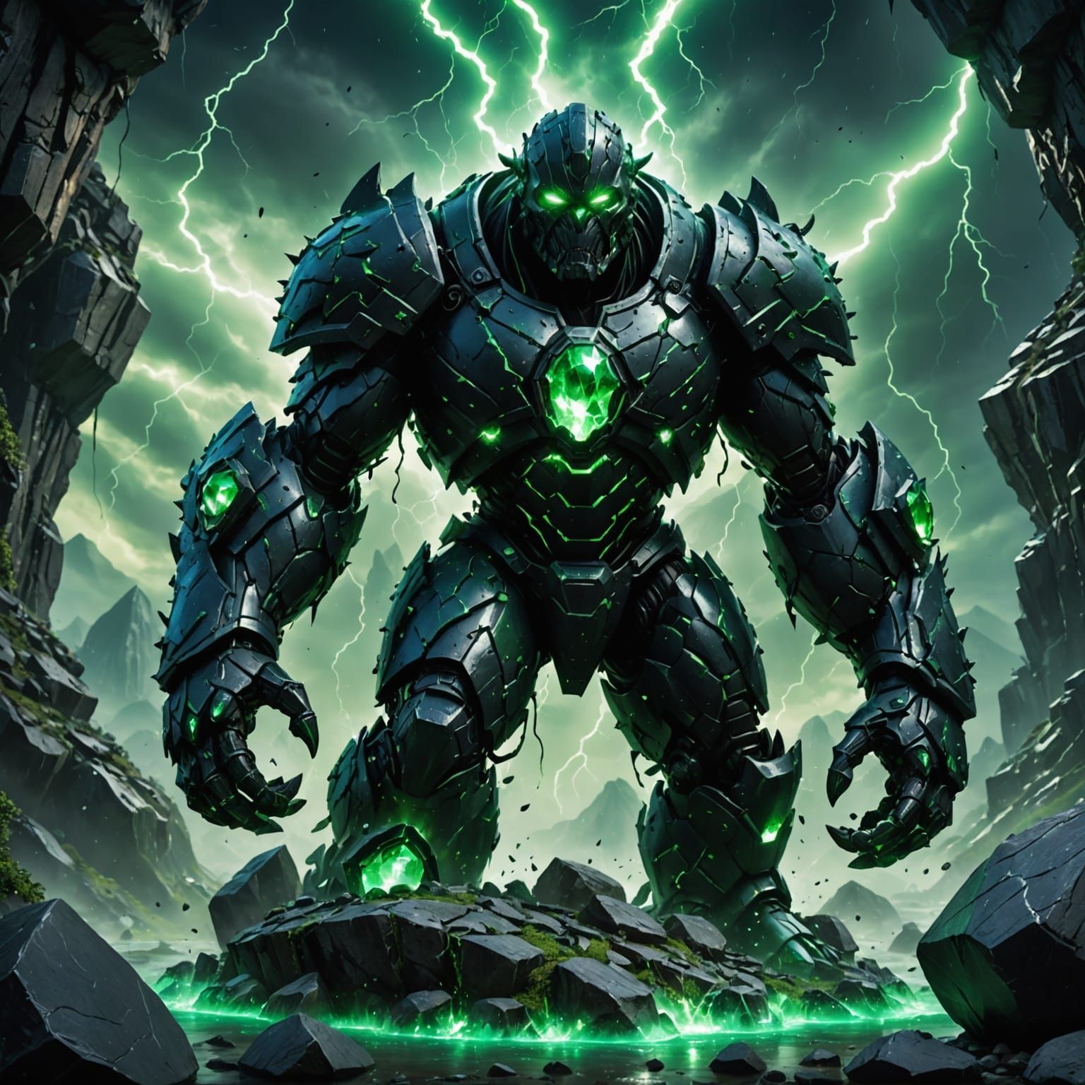 Mystical Obsidian Golem Unleashes Emerald Fury - AI Art
