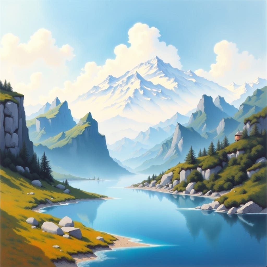 impressionist painting of mountain and river, pastel color palette