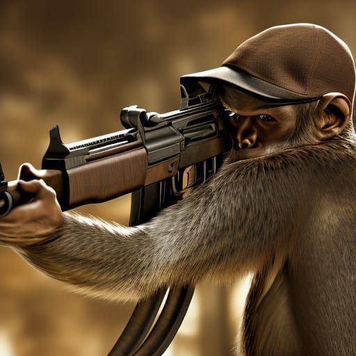 Monkey, very detailed, ultra realistic, holding AK-47, gangsta, chain ...