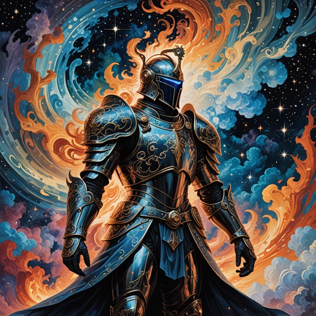 Cosmic Knight in Obsidian Armor, Amidst Swirling V... - AI Art
