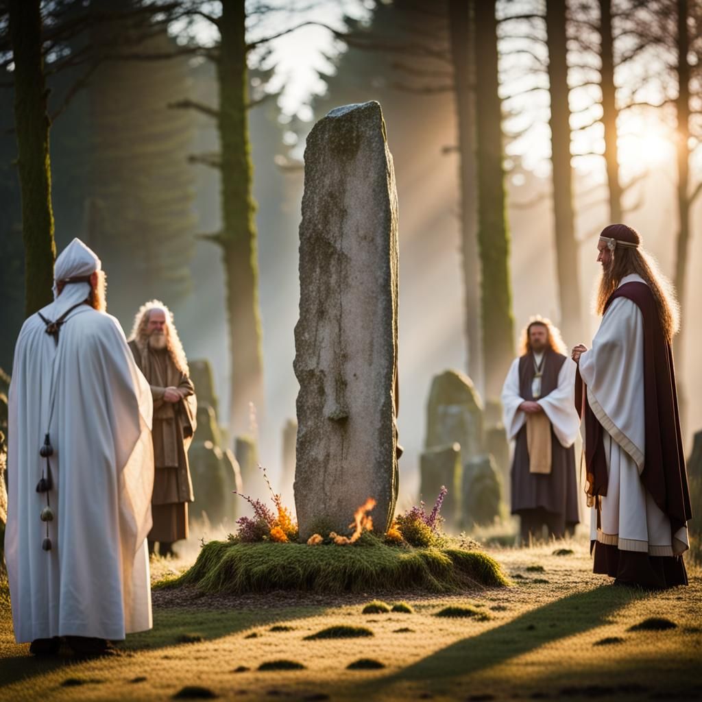 Druids doing a solstice ritual around a standing stone - AI Generated ...