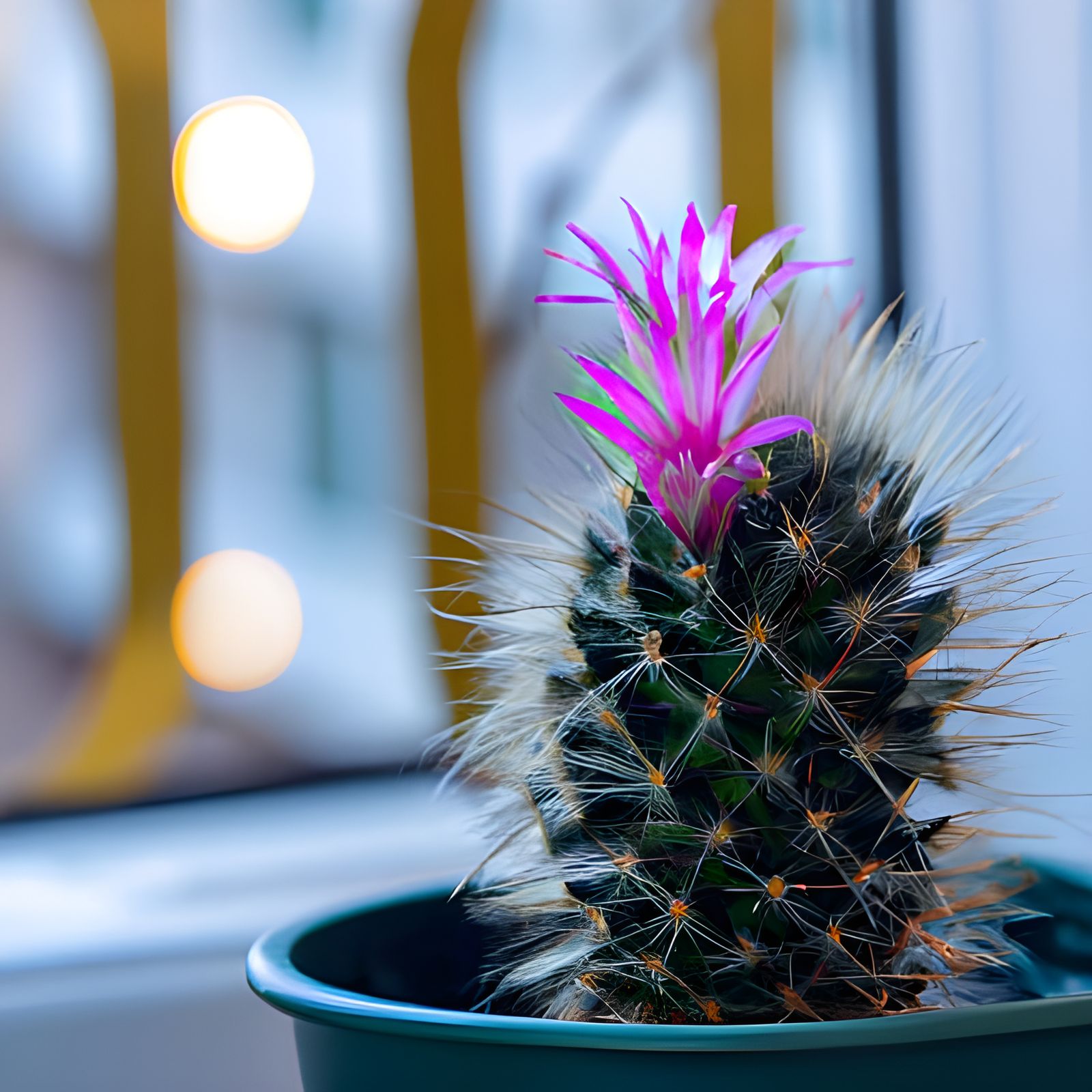 Flowering cactus in a decorative pot on a windowsill. Blurred view beyond. Bokeh photography ...