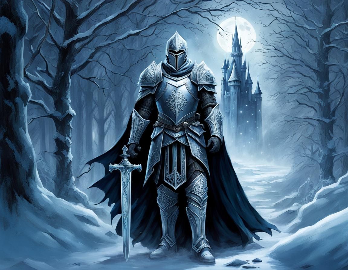 Lone knight, wandering the icy ruins of a once-majestic castle; his ...