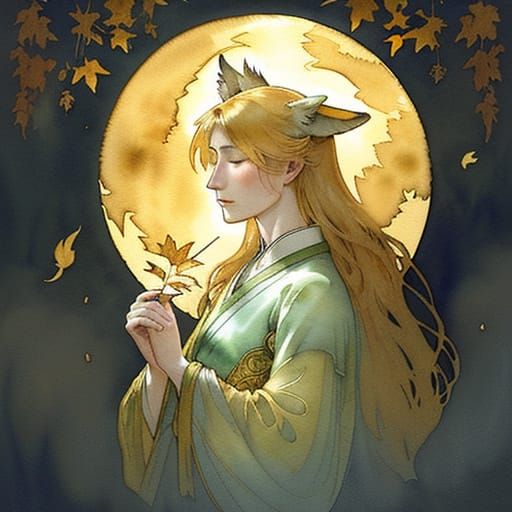 Ethereal Fox Yokai Under Golden Autumn Moon - AI Art