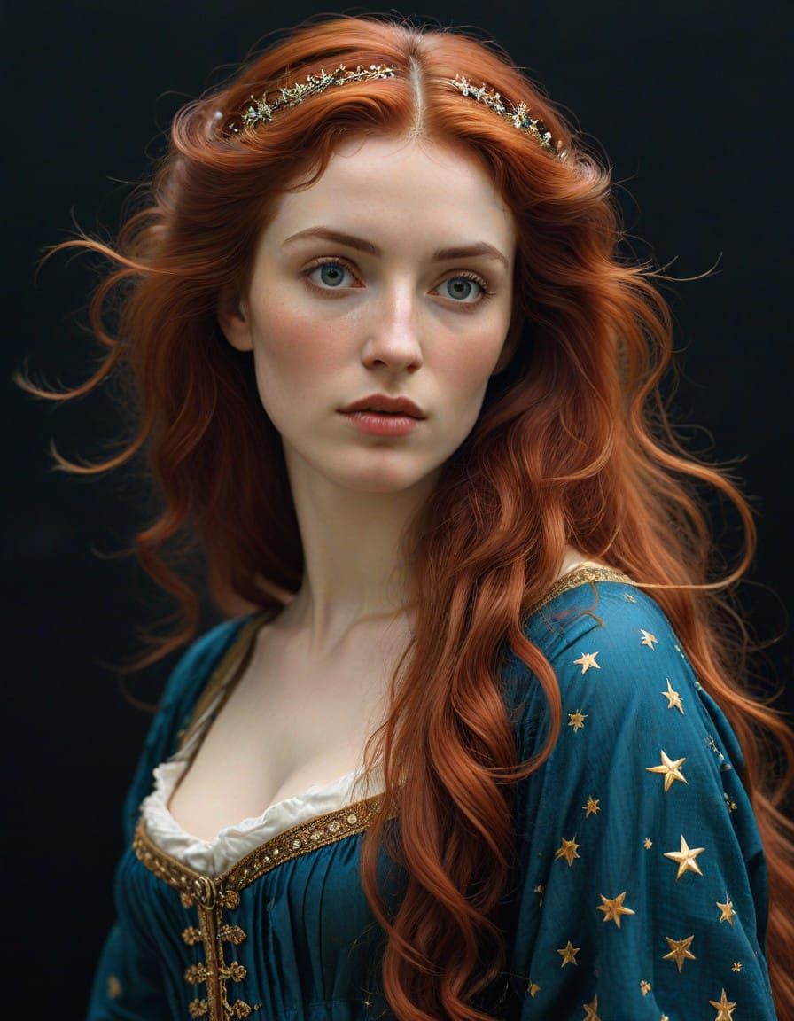 Pre-Raphaelite women with stars in her long red hair.
