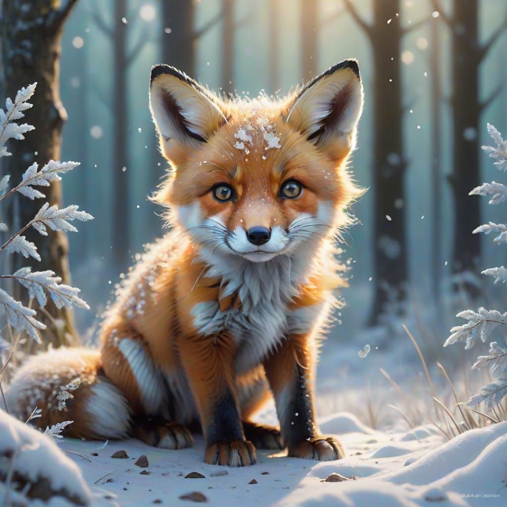 Hyperrealistic Baby Fox Cub Catches Snowflake in W... - AI Art