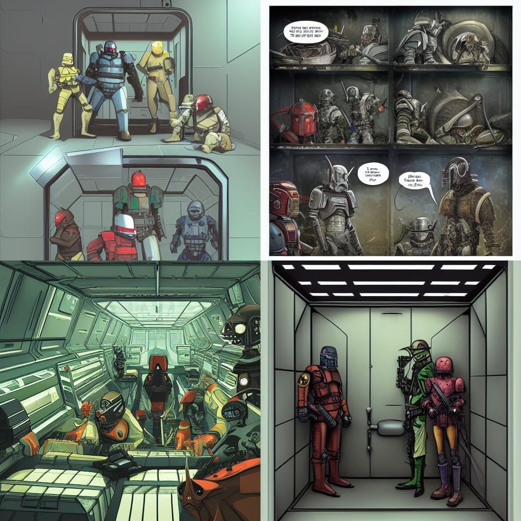 Inside a vast metal container. A motley assortment of bounty hunters ...