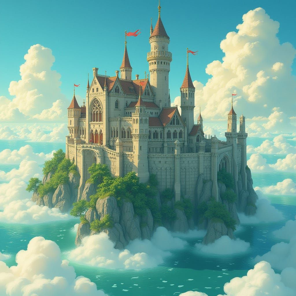 Floating Medieval Castle in Ghibli-Doré Style - AI Art