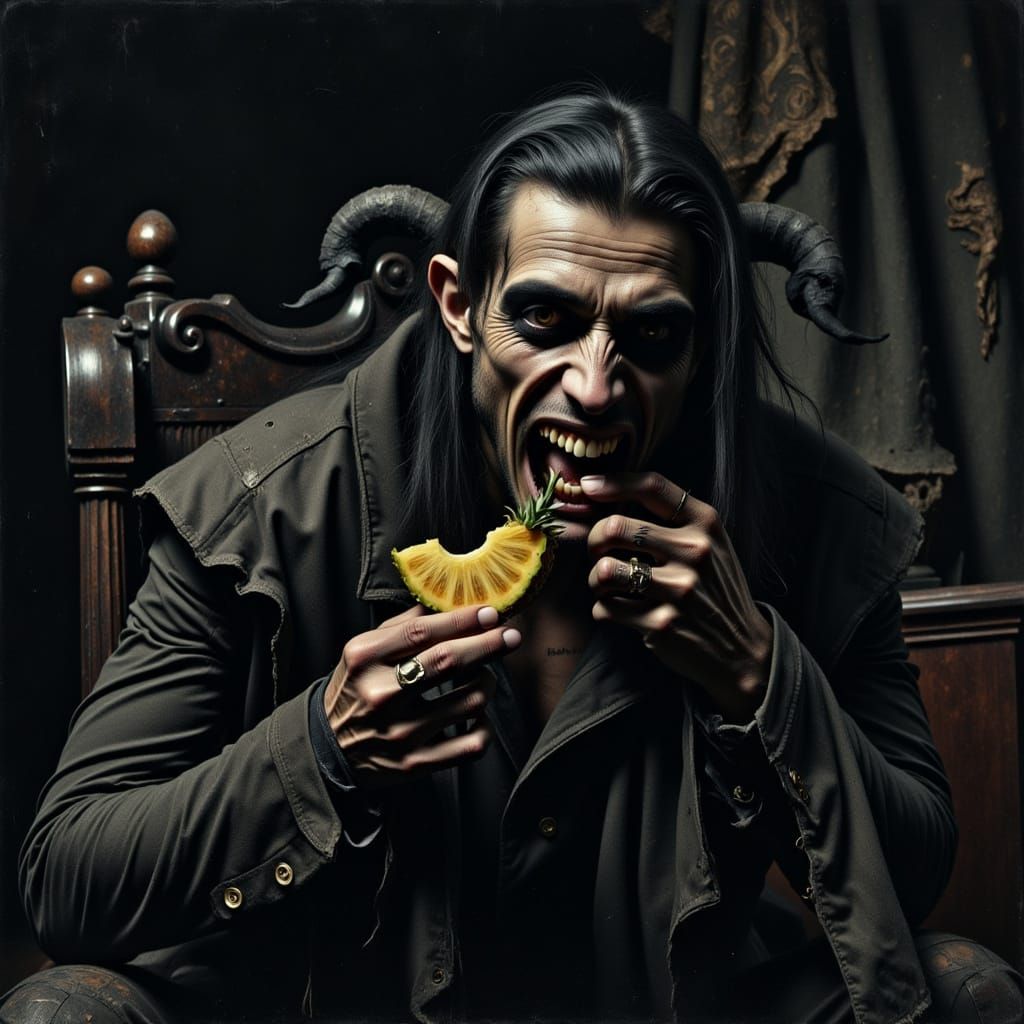 Gothic Man Savoring Pineapple in Dark Eerie Enviro... - AI Art