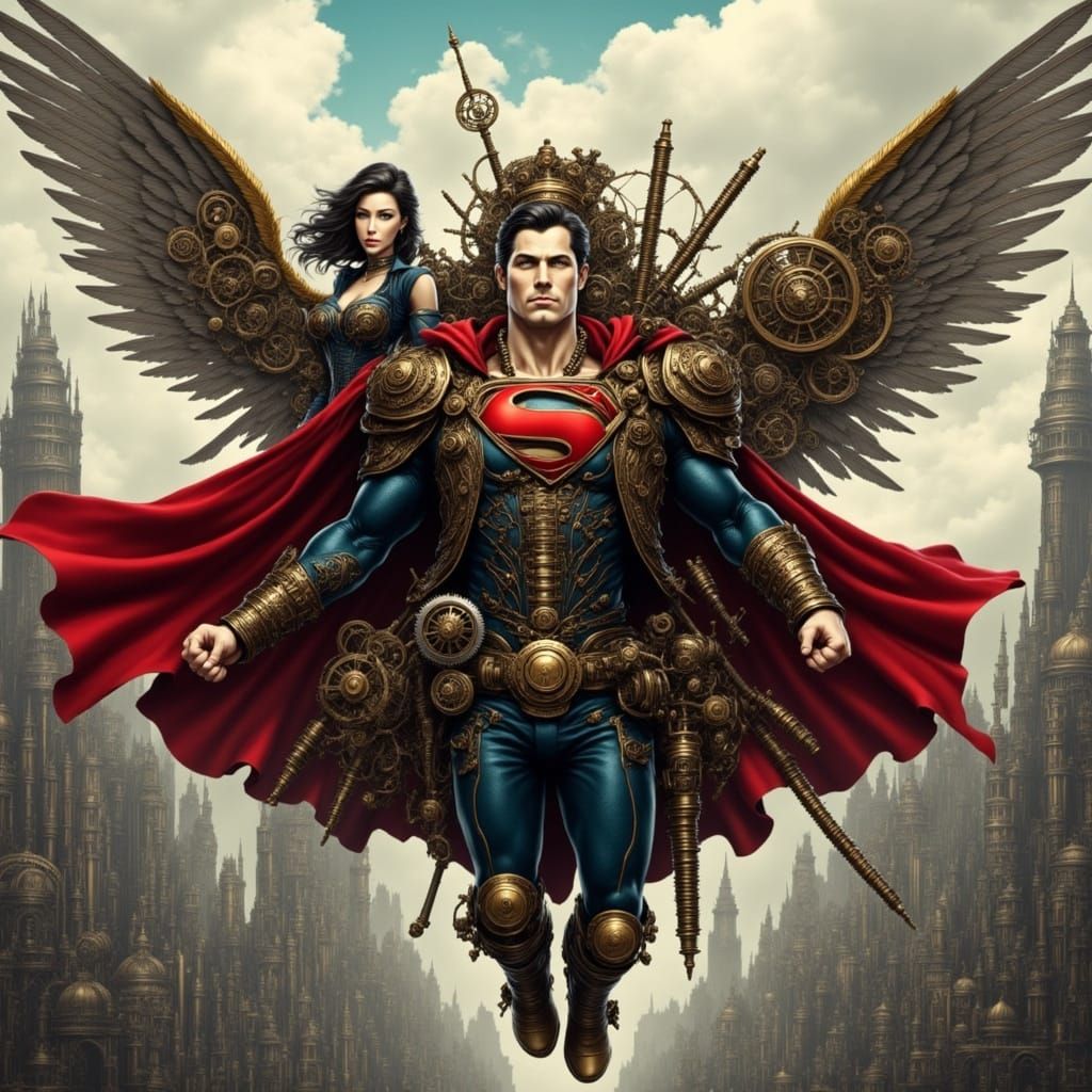 Image of steampunk superman, flying with steampunk Lois Lane in his ...