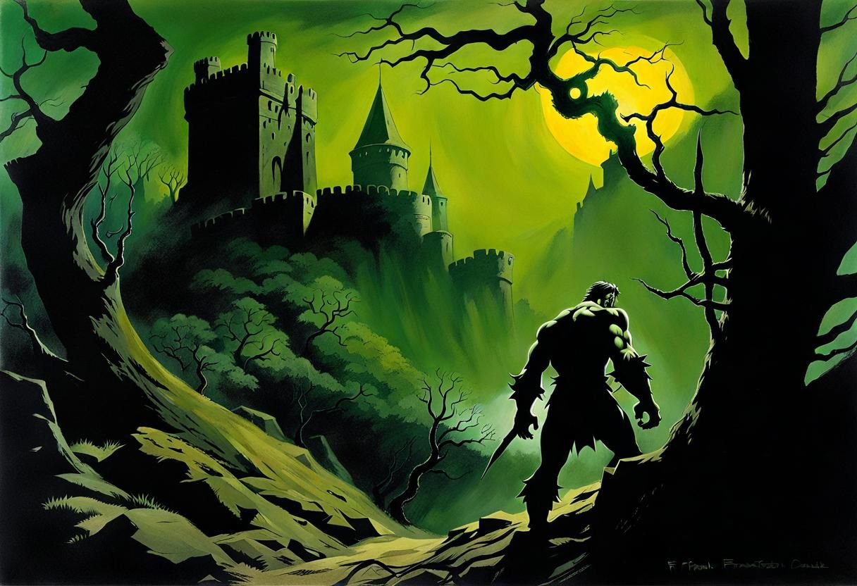 frankenstein monster green eyes angry in a dark fantasy forest at night ...