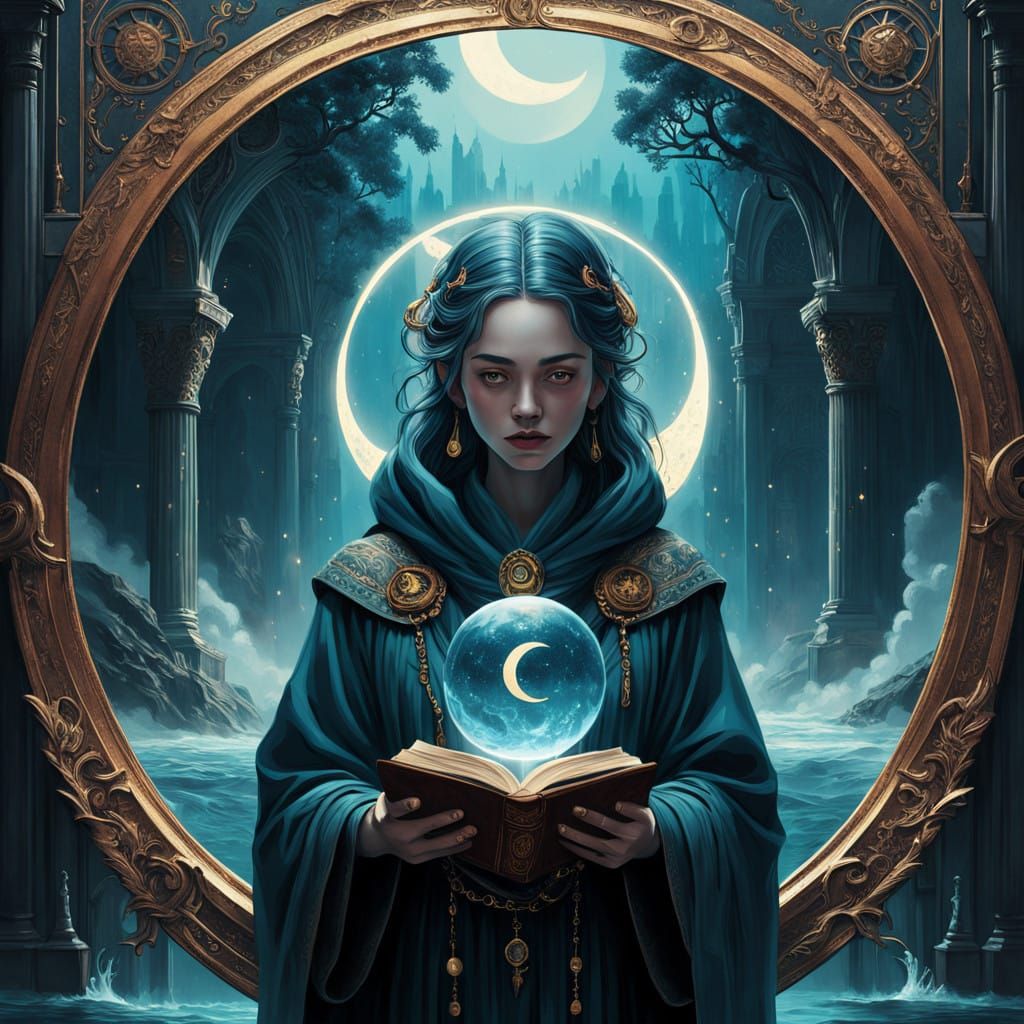 Ethereal Mystic Girl Stares into Mystical Mirror P... - AI Art