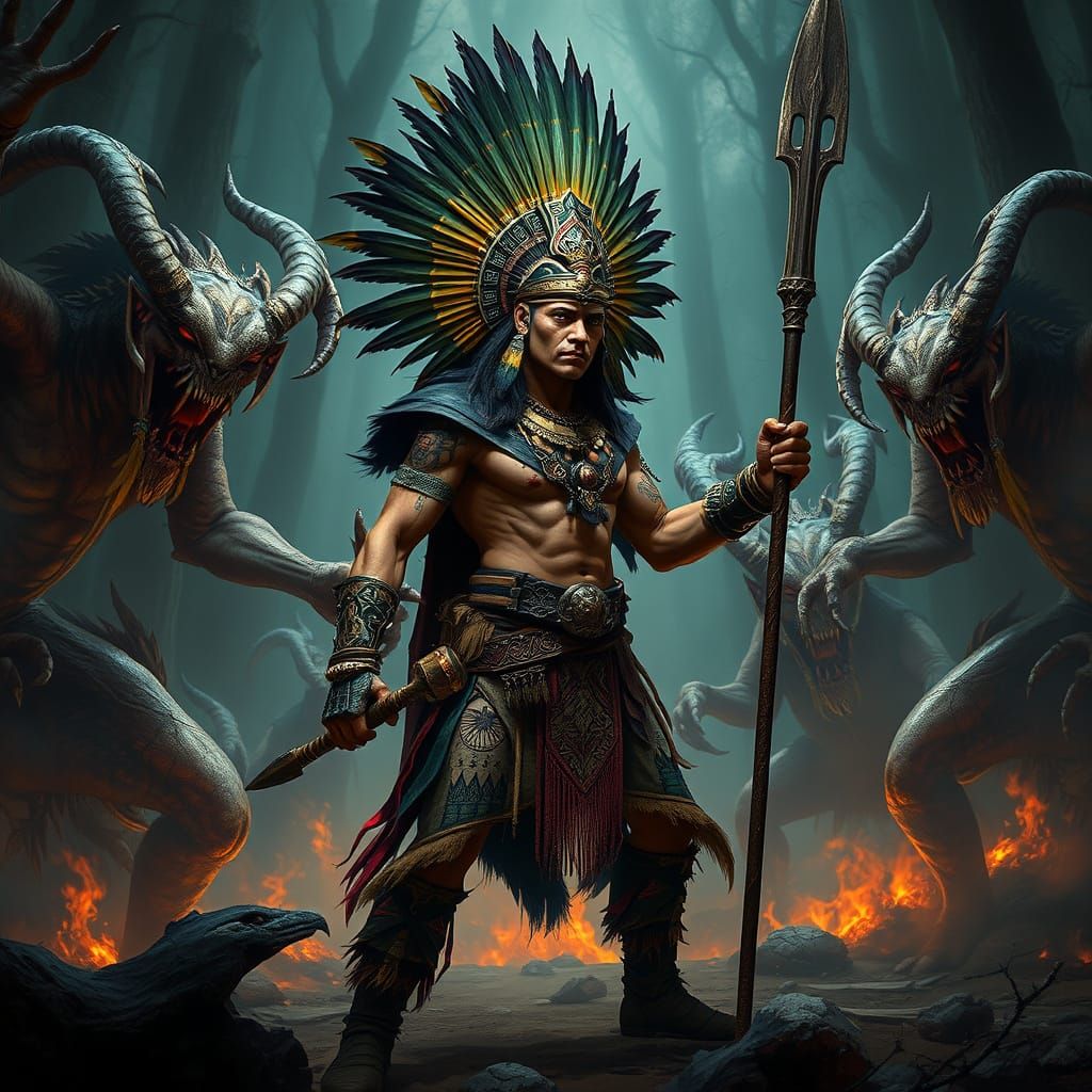 Aztec Warrior Confronts Demons in Haunted Forest - AI Art