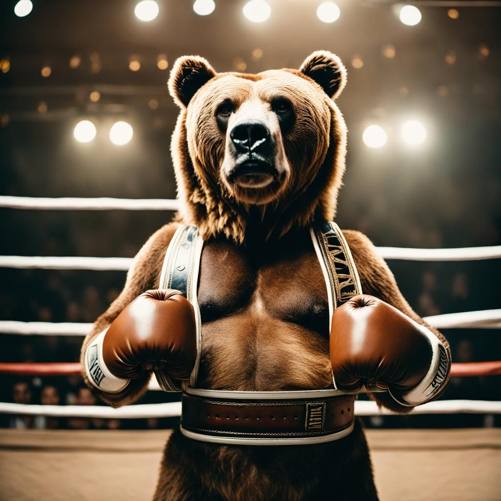 A Grizzly Bear Boxer standing in the ring Holding up the Heavyweight ...