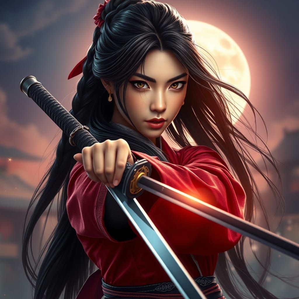 "A Hyper realistic stunning Mulan princess stands poised for battle ...