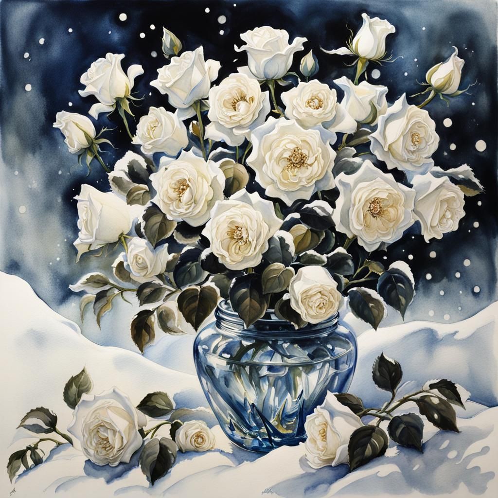 White roses in the snow - AI Generated Artwork - NightCafe Creator