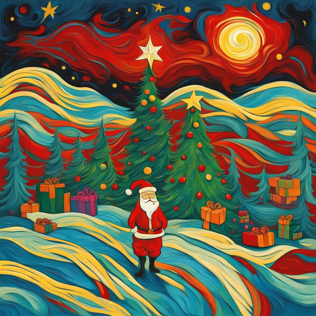 Van gogh style Christmas santa claus, gifts, Christmas tree, christmas ...