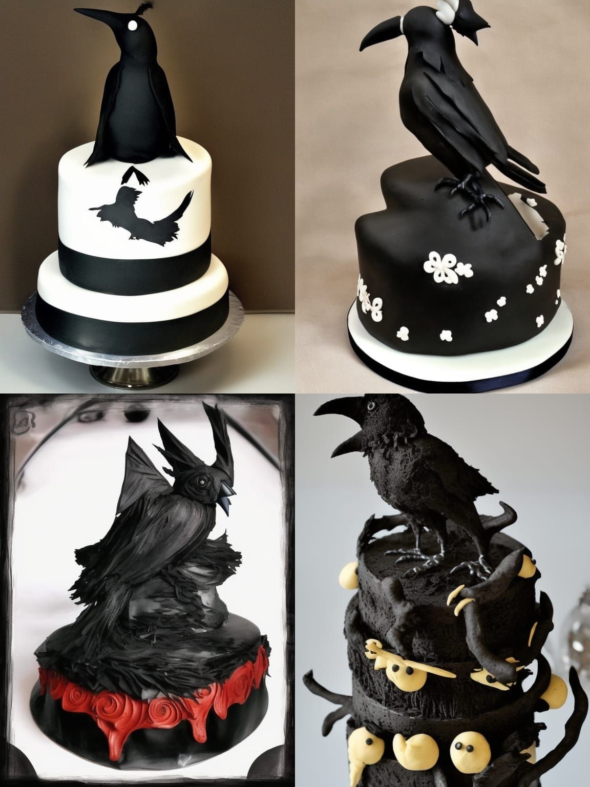 A goth cake shaped like a crow, black icing - AI Generated Artwork ...