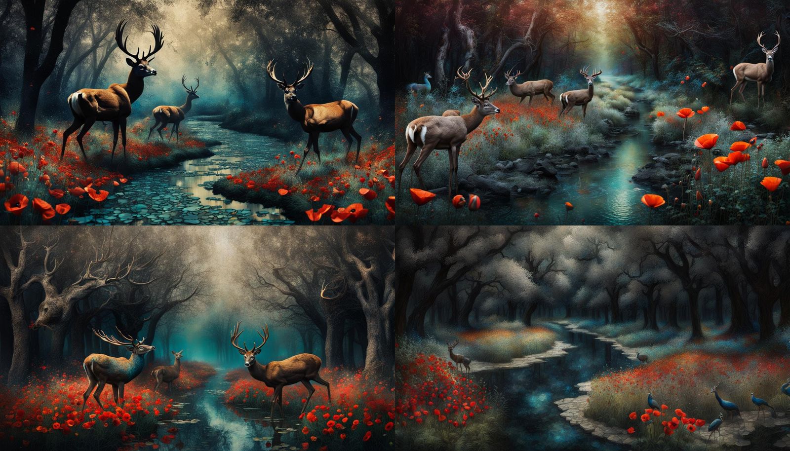 deers, peacocks, woods, dryads nymphs, creek, poppies, wild roses ...