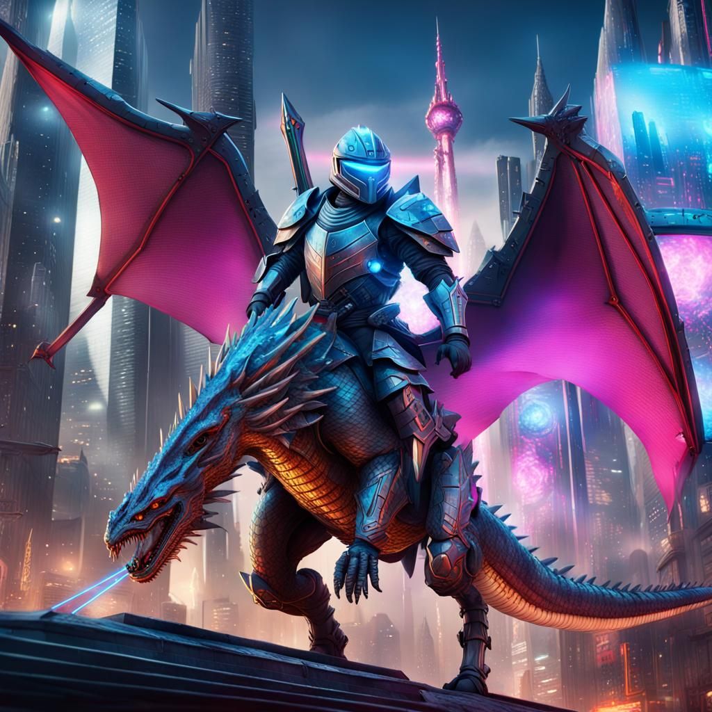 A valiant knight clad in high-tech armor, wielding a laser sword while ...