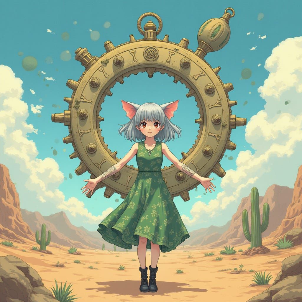 Anime Woman Manipulating Time in Desert Landscape - AI Art