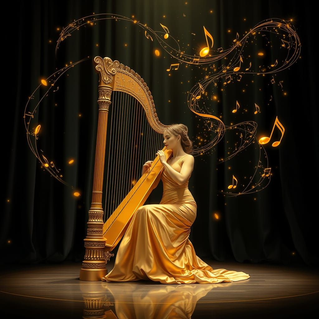 Golden Goddess of the Cosmos Plays Ethereal Harp - AI Art