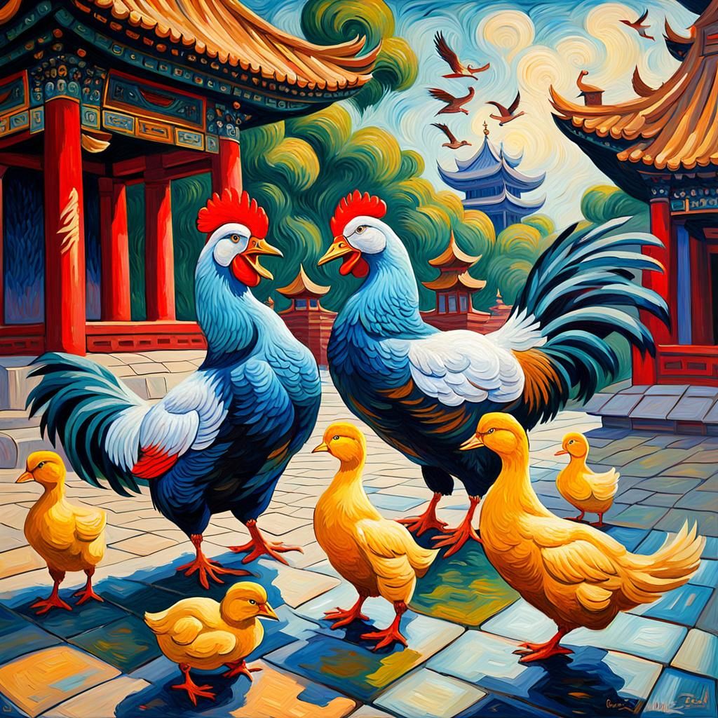 Kung Fu chickens in battle with Samari ducks in temple. neo ...