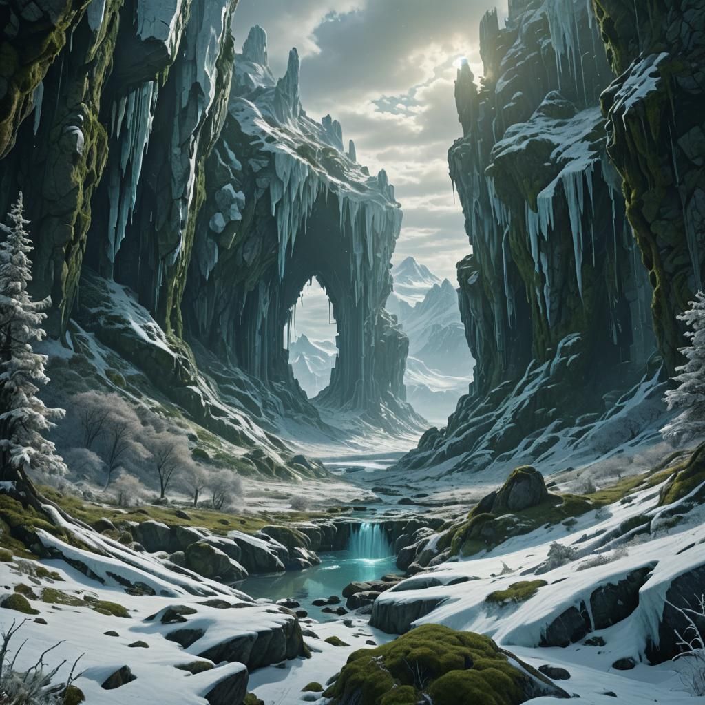 A green temperate forest in the foreground, an interplaner rift portal ...
