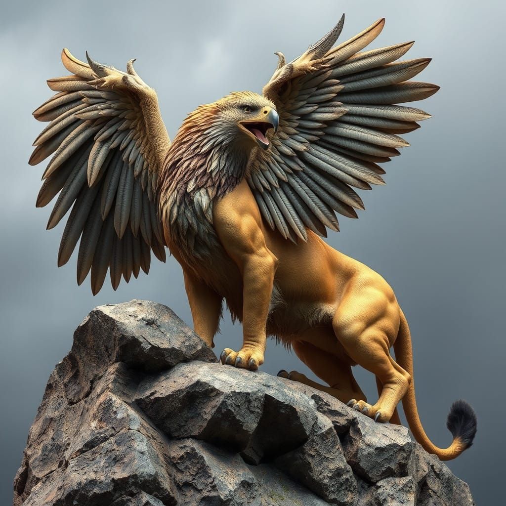 Realistic Griffin Sculpture on Granite Outcrop - AI Art