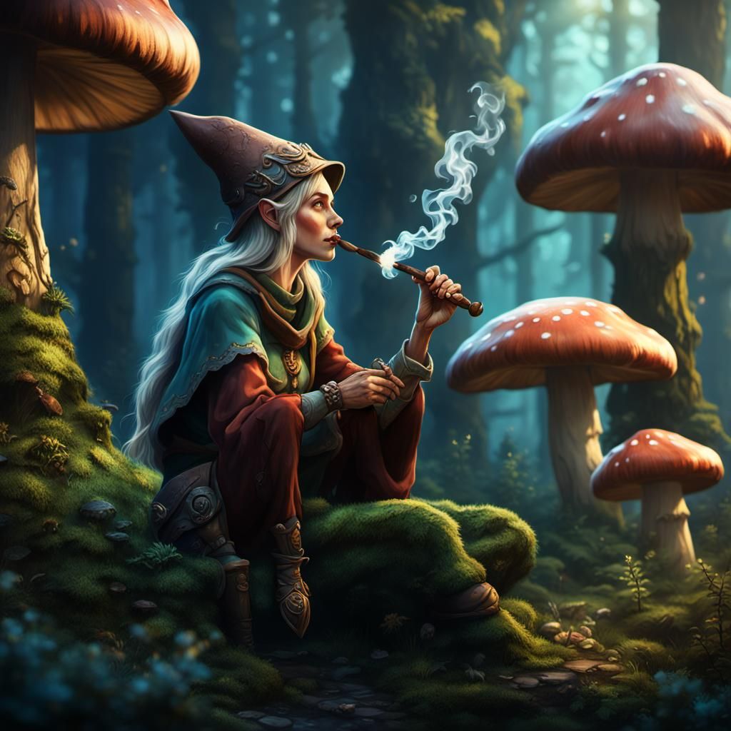 Female Wood Elf Druid smoking a long pipe under a giant mushroom ...