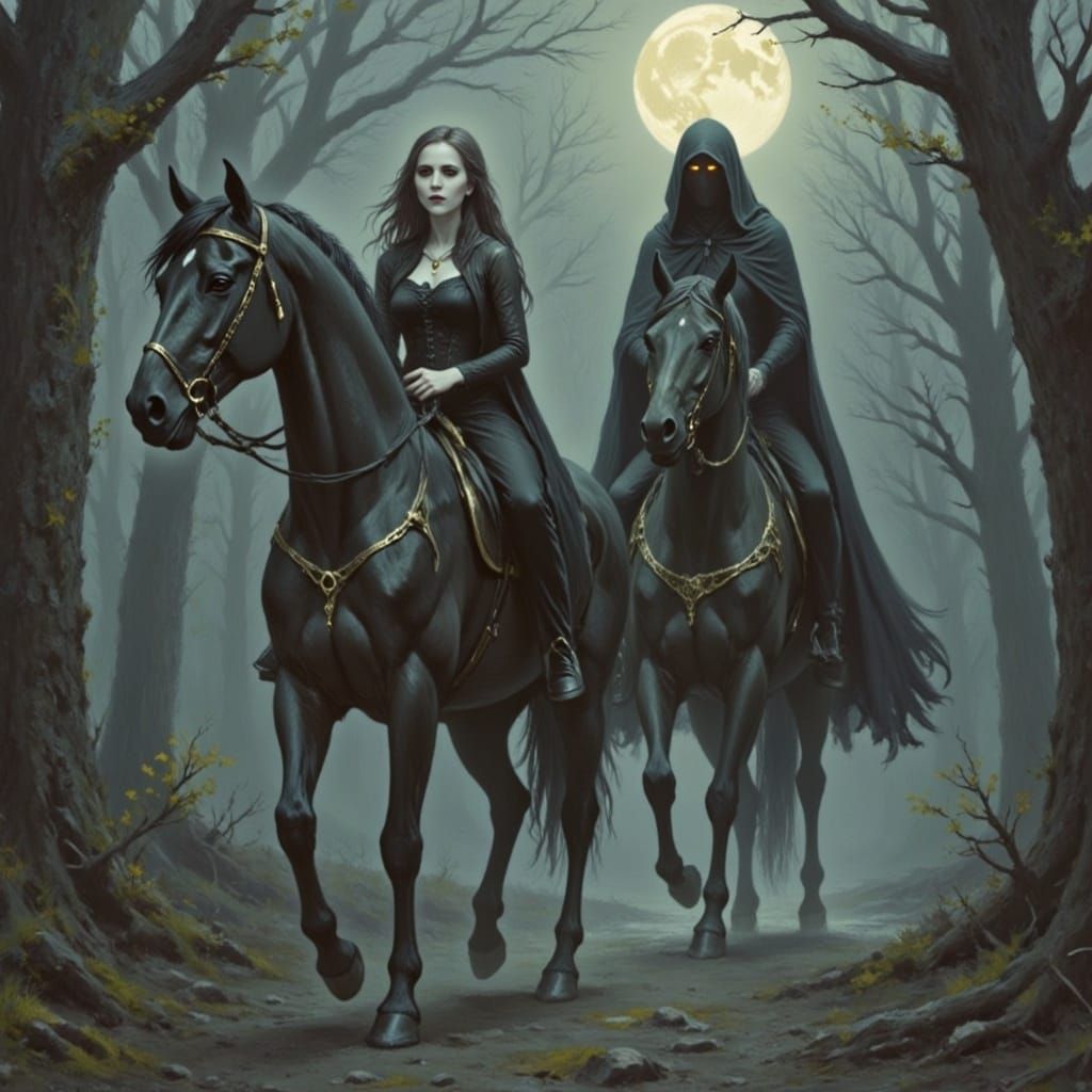 Elegant Gothic Woman Rides Black Stallion in Moonl... - AI Art
