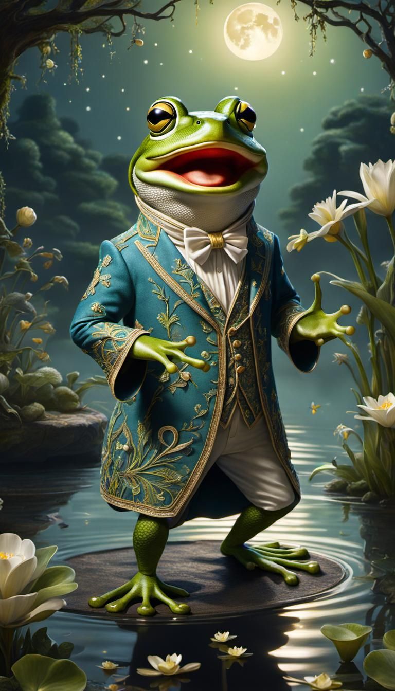 An intricately detailed scene of A frog wearing elaborate shakesperion ...