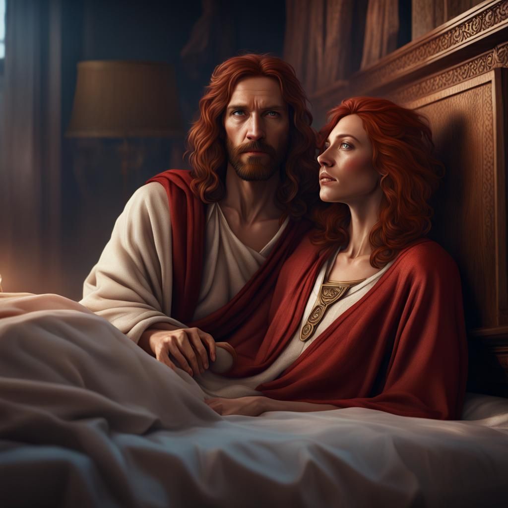 Ancient Jesus wearing a tunic, holding a modern day red headed woman in ...