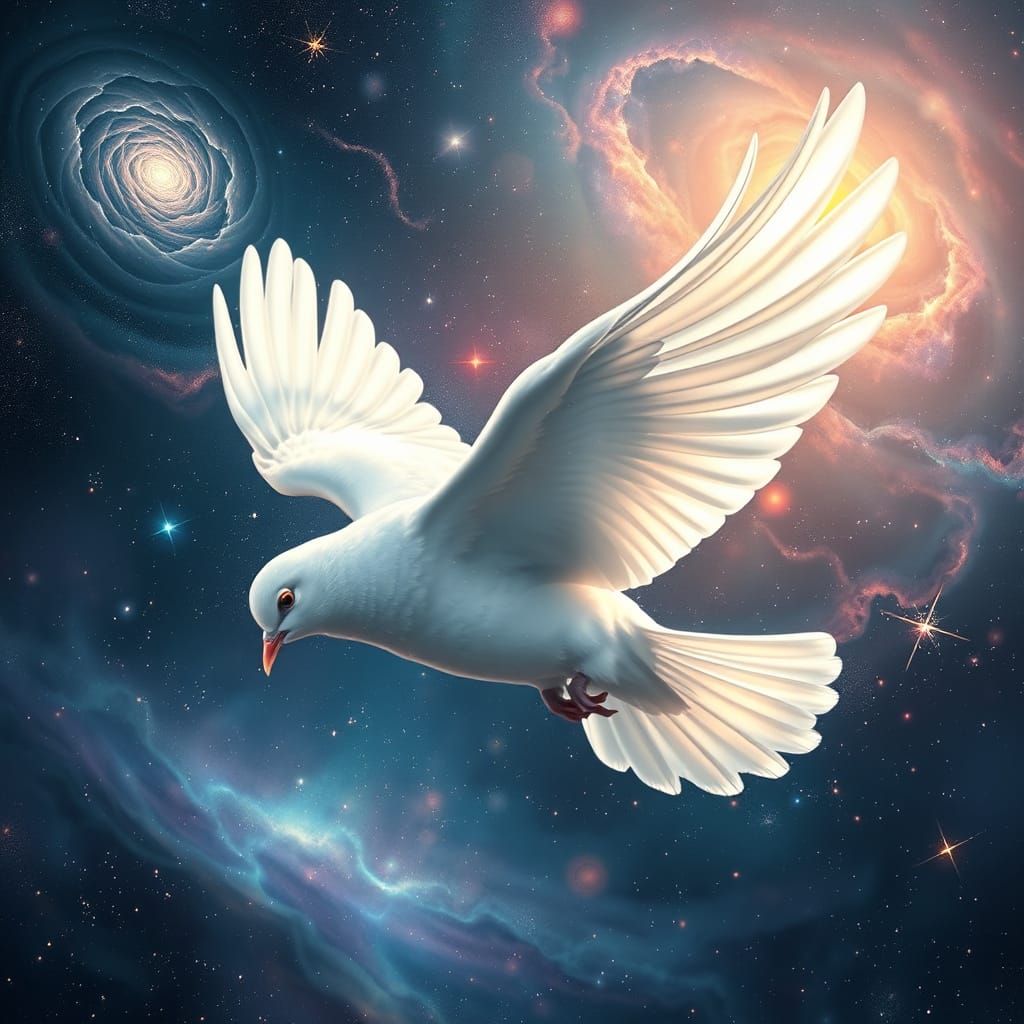 Ethereal Dove Emerges from Cosmic Tapestry in Irid... - AI Art