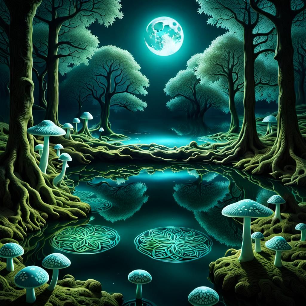 Fractal moonbeams shining on natural deep lake with trees and ...