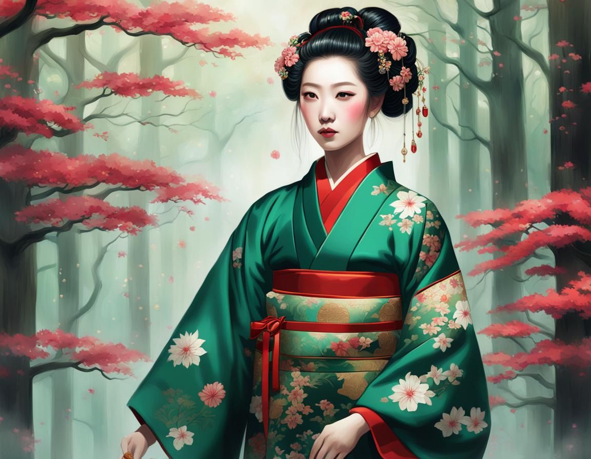Create a digital painting of an ethereal Asian woman with pale skin and ...