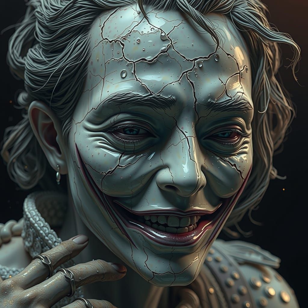 Surrealism. Close-up portrait. A grief-stricken figure with a cracked ...