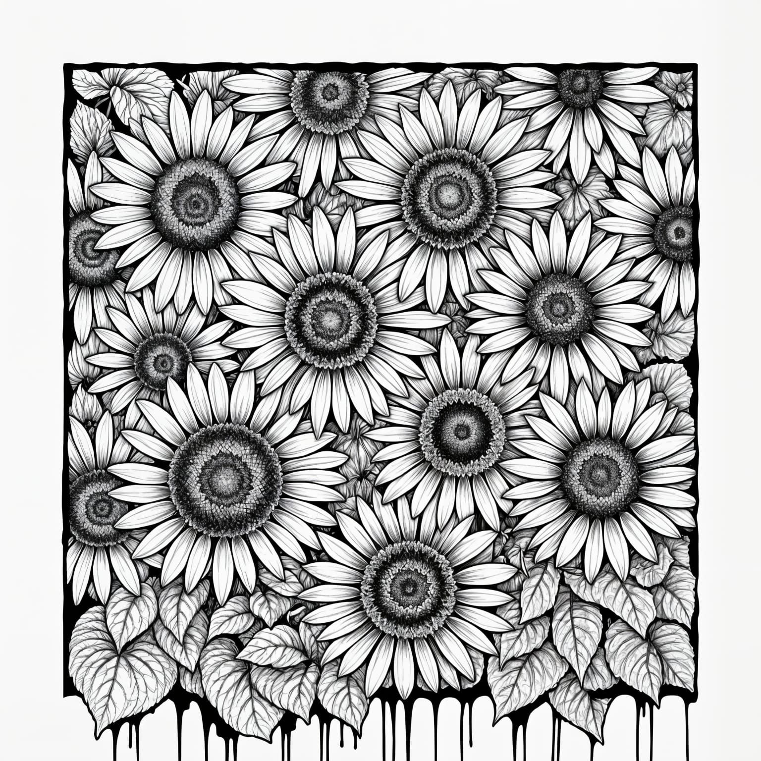 Ink Poet: black and white fine ink drawing, sunflowers coloring page