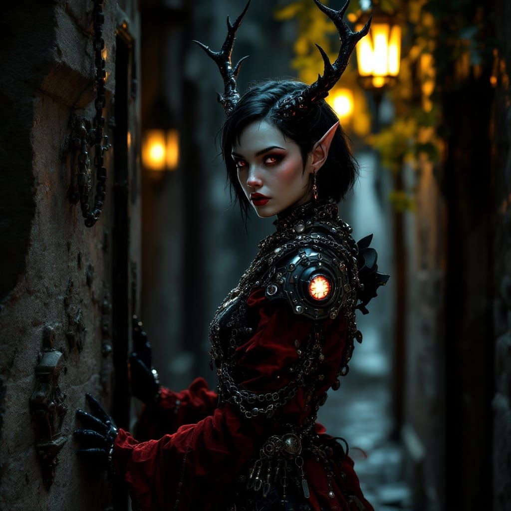 Cyborg Elf Thief in Dimly Lit Alleyway - AI Art