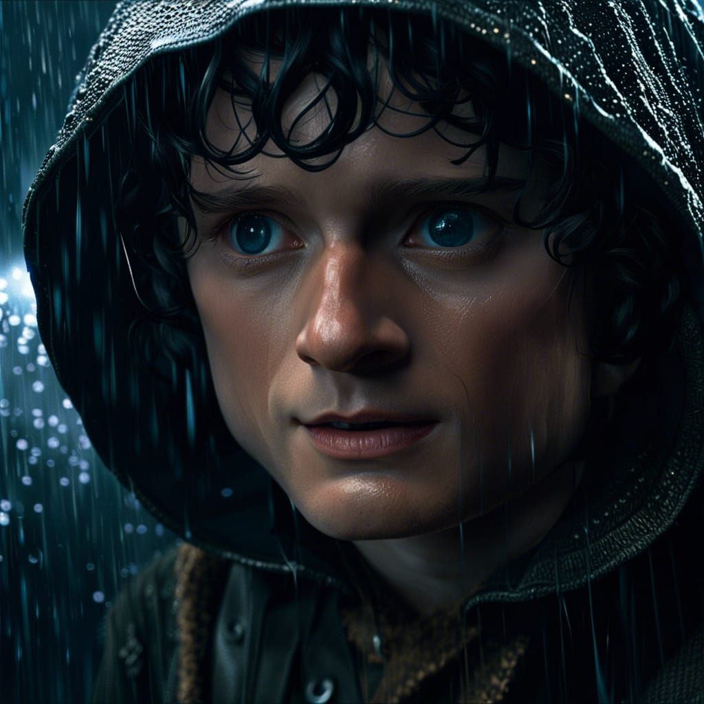 Frodo Baggins hooded in rain - AI Generated Artwork - NightCafe Creator