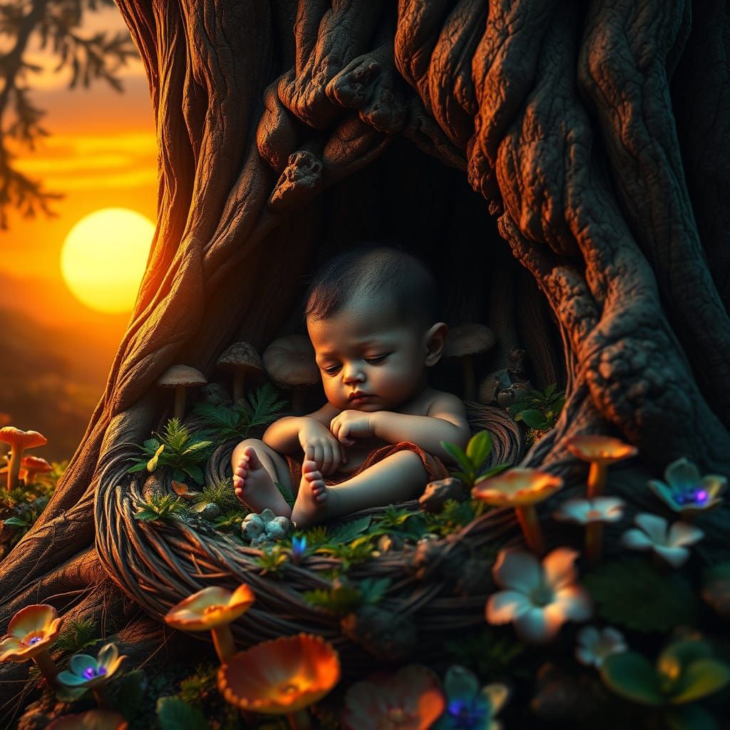 Prehistoric Baby in Ancient Tree Sanctuary - AI Art