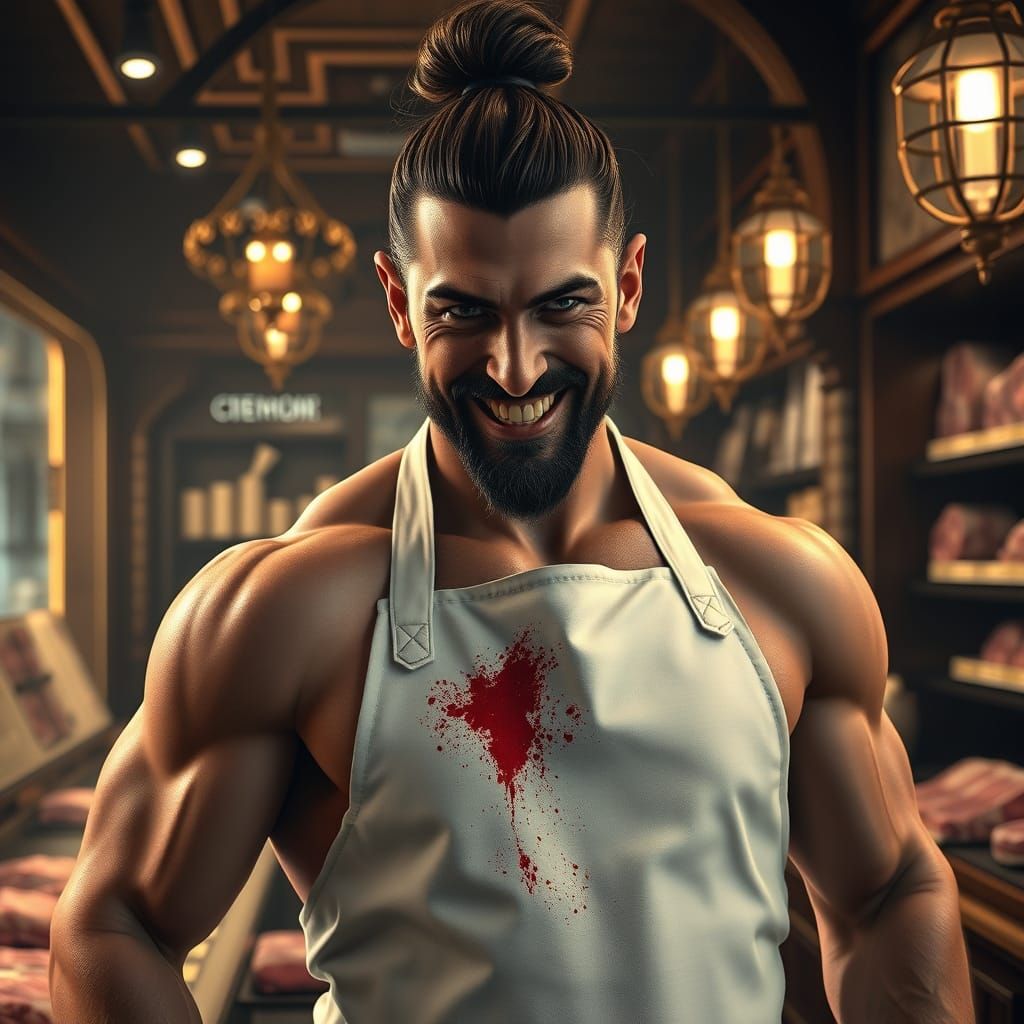 Hyperrealistic Vampire Butcher in Modern Day Shop - AI Art