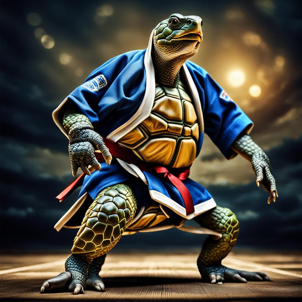 Anthropomorphic turtle practising judo in judo gi intricate details ...