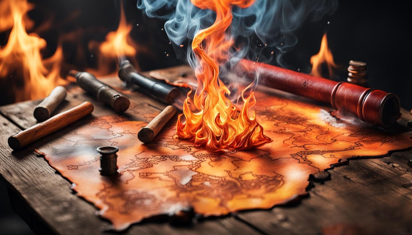 a burning (Fire and smoke) leather treasure map with chiseled in ...