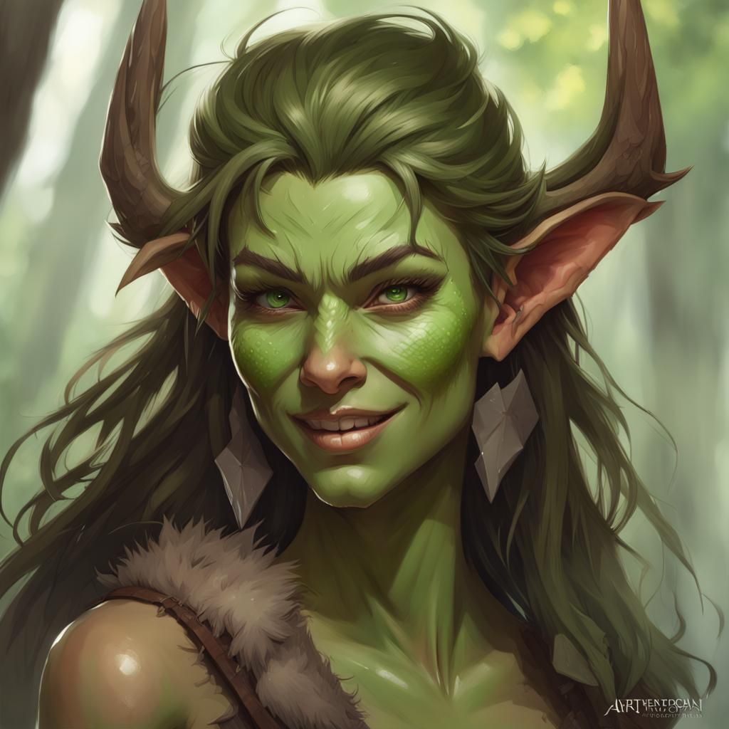 Pretty goblin girl, beautiful, short, full body, barbarian, club weapon ...