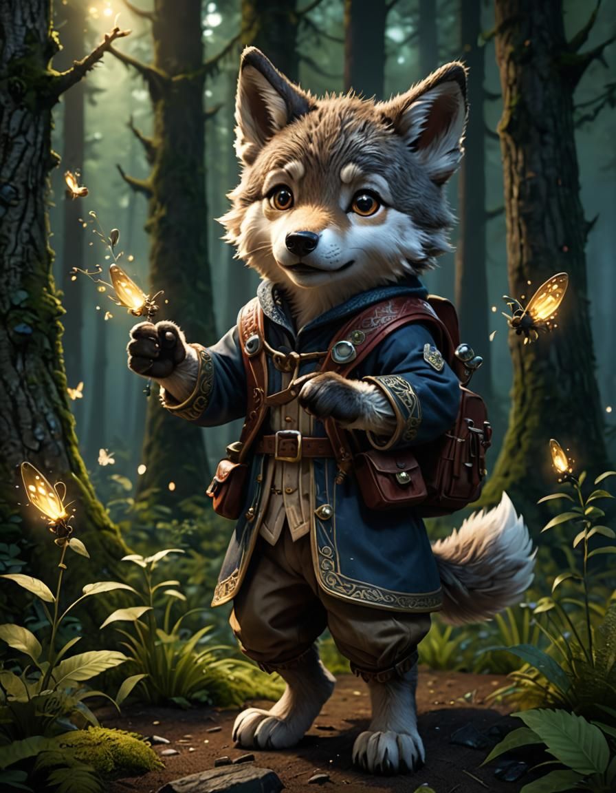 An image of an adorable anthropomorphic wolf cub, trying to catch ...