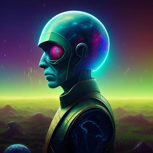 Weird looking alien exploring a glowing planet on a rainy day. Side ...