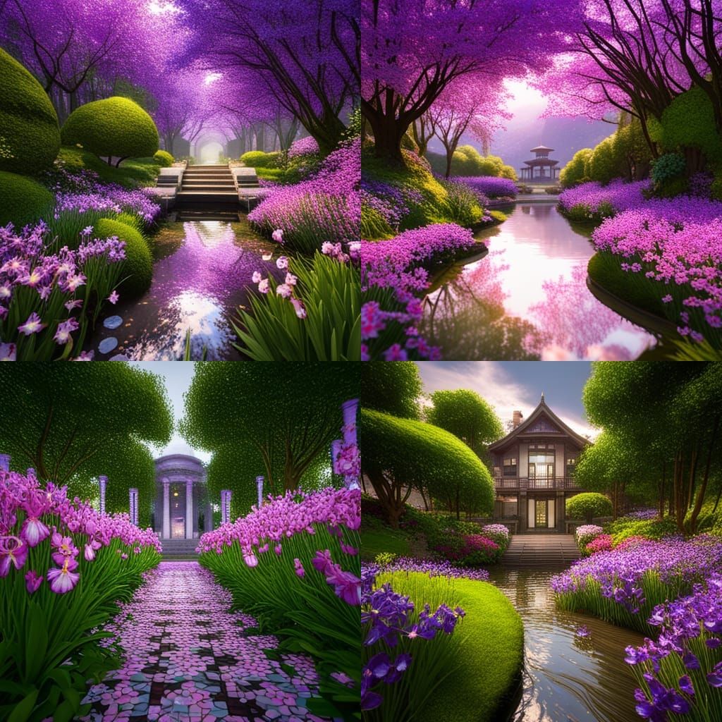 purple zebra iris garden ,raining cherry blossoms,unreal engine 5 - AI ...